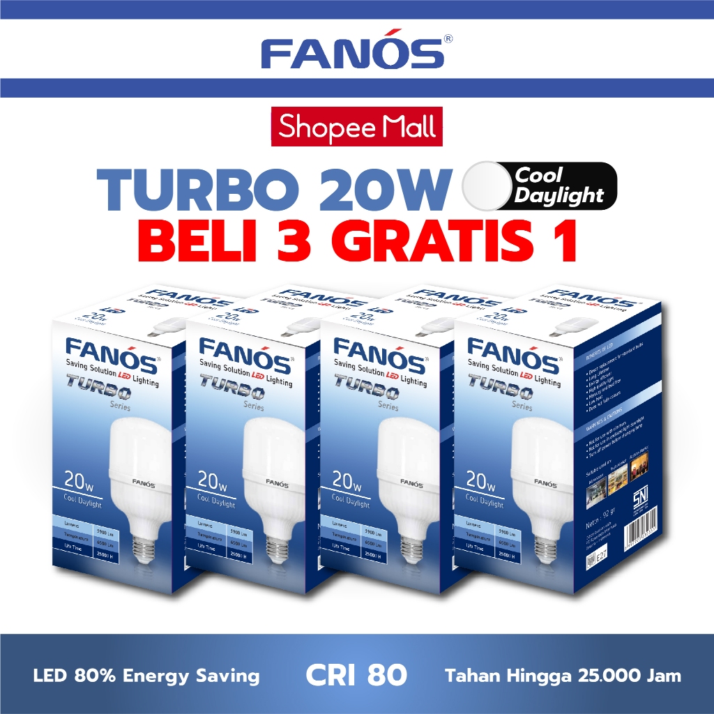 Jual Fanos Turbo 20W [Beli 3 Gratis 1] Lampu LED Bohlam Cahaya Putih Bergaransi | Shopee Indonesia