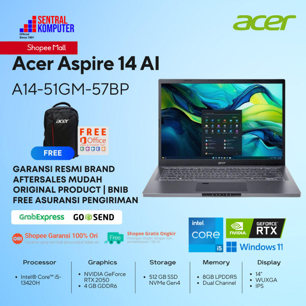 Jual ACER Aspire 14 AI A14-51GM i5-13420H RTX2050 512GB 14" WUXGA W11 OHS | Shopee Indonesia