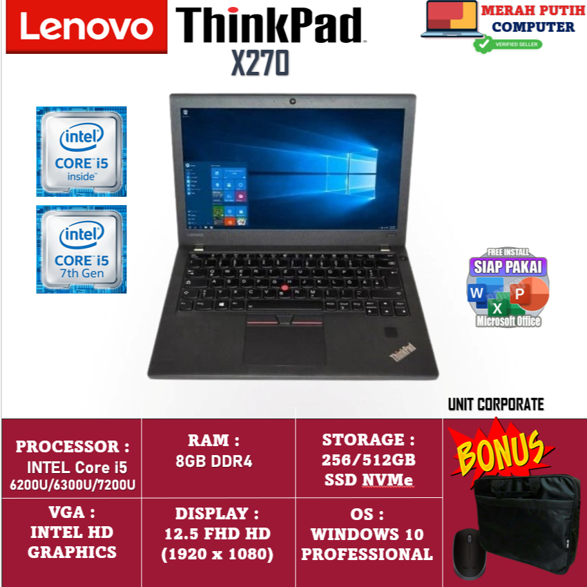 Jual LENOVO THINKPAD X270 INTEL i5 6200U 6300U 7200U 8GB 512GB SSD 12.5 FHD WINDOWS 10 PRO ...