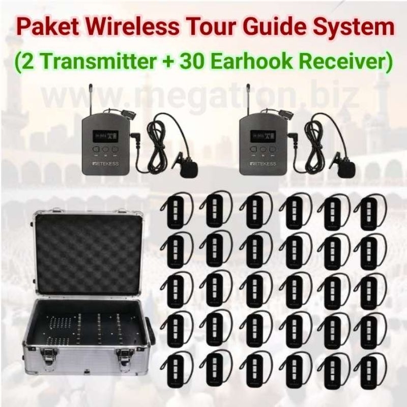 Jual Paket Wireless Tour Guide System 2 Transmitter + 30 Earhook Receiver (dengan koper charging ...