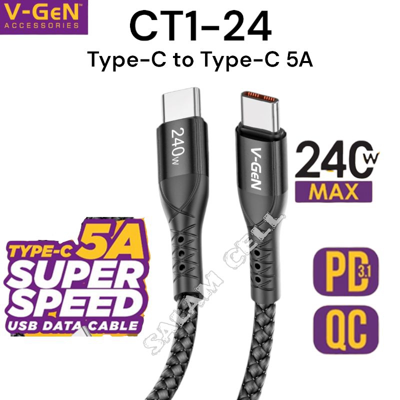 Jual Kabel Data Type-C to Type-C V-GEN CT1-24 5A Quick Charging Original Vgen Ct1 24 Garansi ...