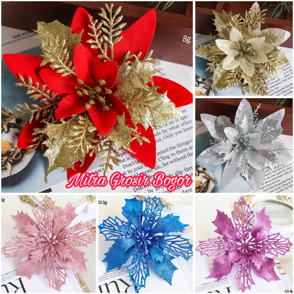 Jual Hiasan Bunga Kastuba Poinsettia Glitter Artificial Gantungan ...