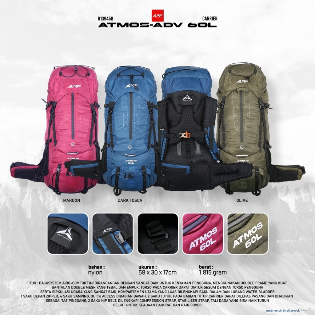 Jual Tas Carrier Atmos Adv 60 Liter Arei Outdoorgear | Shopee Indonesia