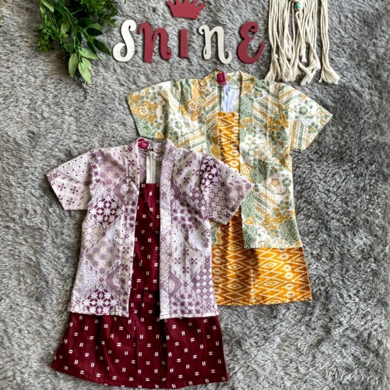 Jual Shine Setelan Kebaya Kutubaru Batik Anak Jagad Merah Mustard Hijau ...