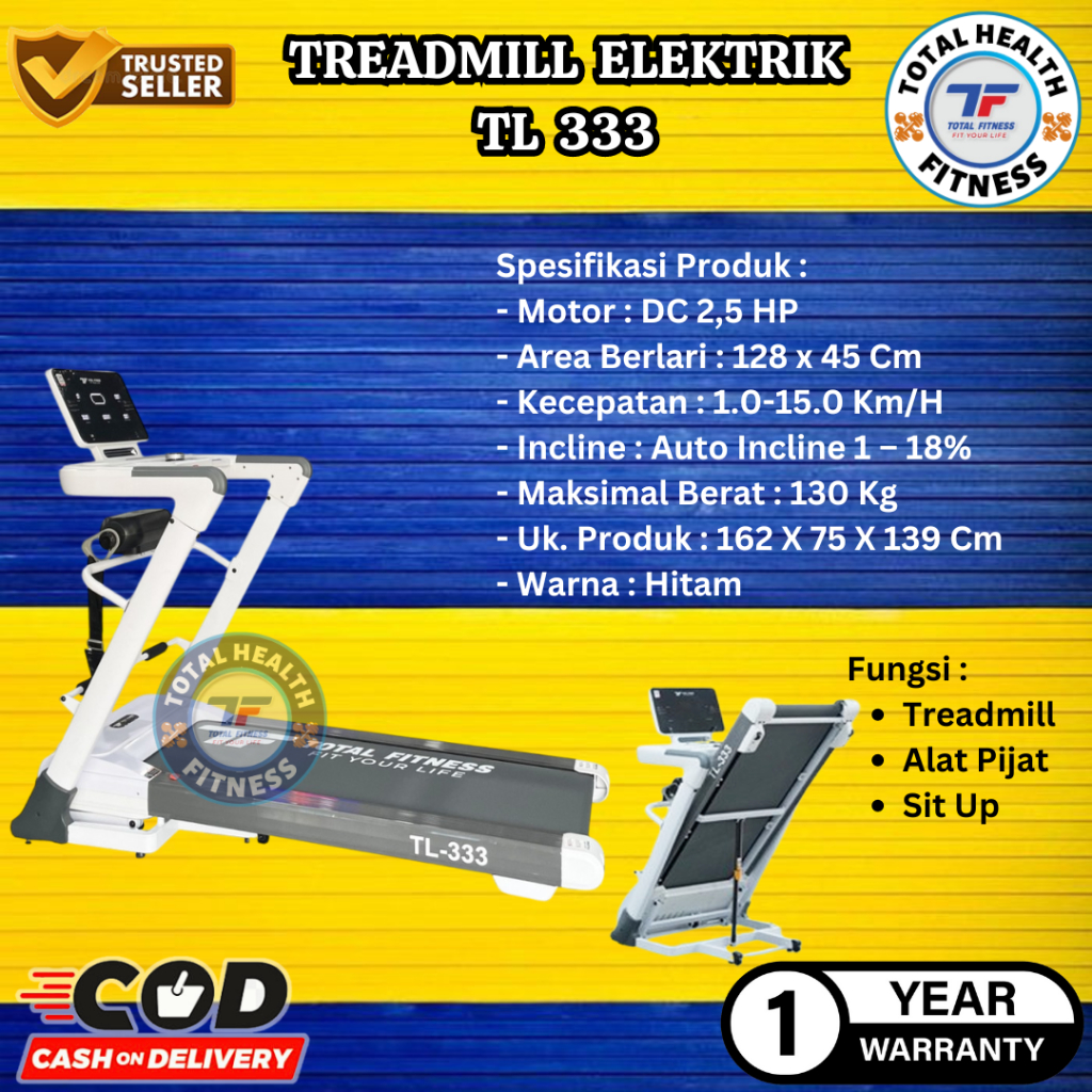 Jual Alat Olahraga Fitness Treadmill Elektrik TL-333 Electric Treadmill 3 Fungsi Total Fitness ...