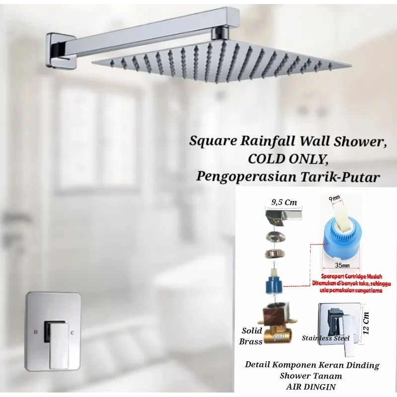 Jual Rainfall Wall Shower Type Tanam, COLD ONLY, PAKET LENGKAP, FULL ...