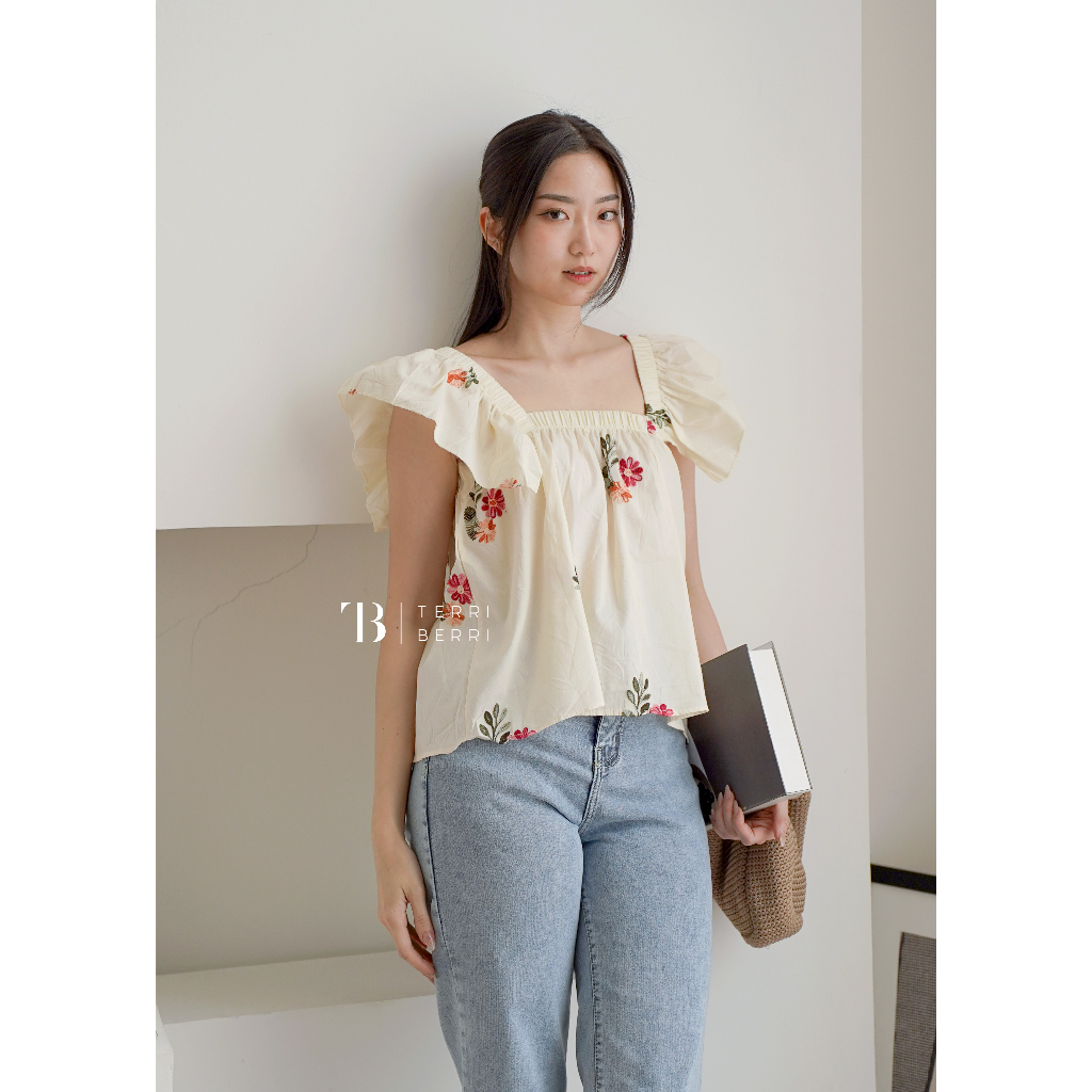 Jual Da-Kyung Ruffle Top Floral Blouse Korea Bordir Embroidery Motif Bunga Premium Sleeveless ...