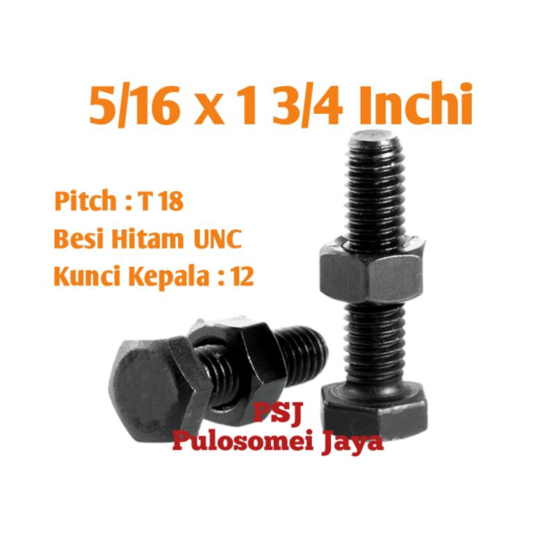 Jual Baut Mur Besi Hitam 5/16 x 1 3/4 UNC / Hexagon Bolt UNC | Shopee Indonesia