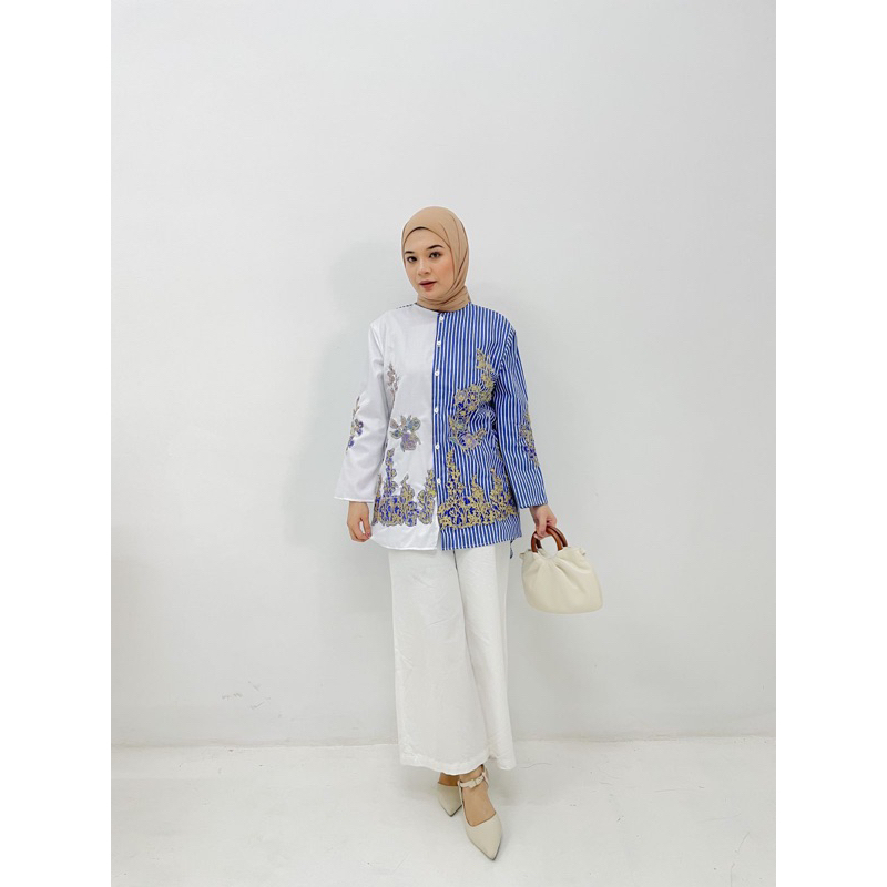 Jual Autumn Collection batik Lontara Garis-Garis biru-putih bordir ...