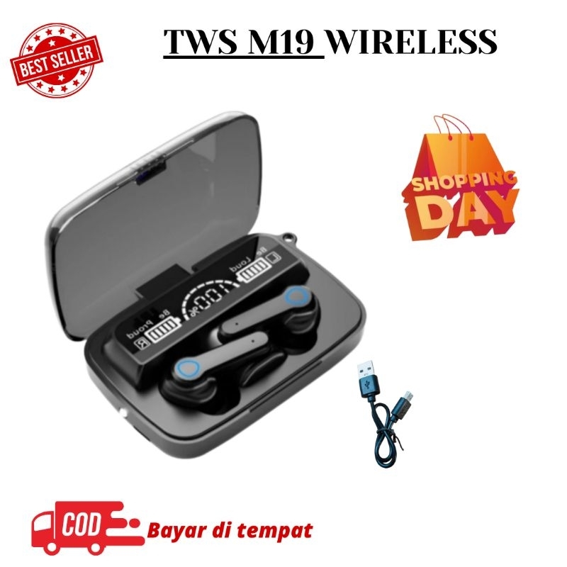 Jual HEADSET BLUETOOTH WIRELESS TWS M19 EARPHONE V5.1 / V5.3 FLASHLIGHT + POWERBANK 3500 MAH ...