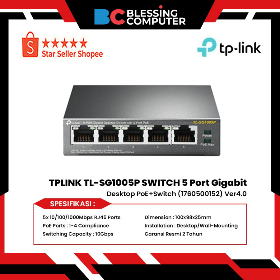 Jual TPLINK TL-SG1005P SWITCH 5 Port Gigabit Desktop PoE + Switch Ver4.0 | Shopee Indonesia