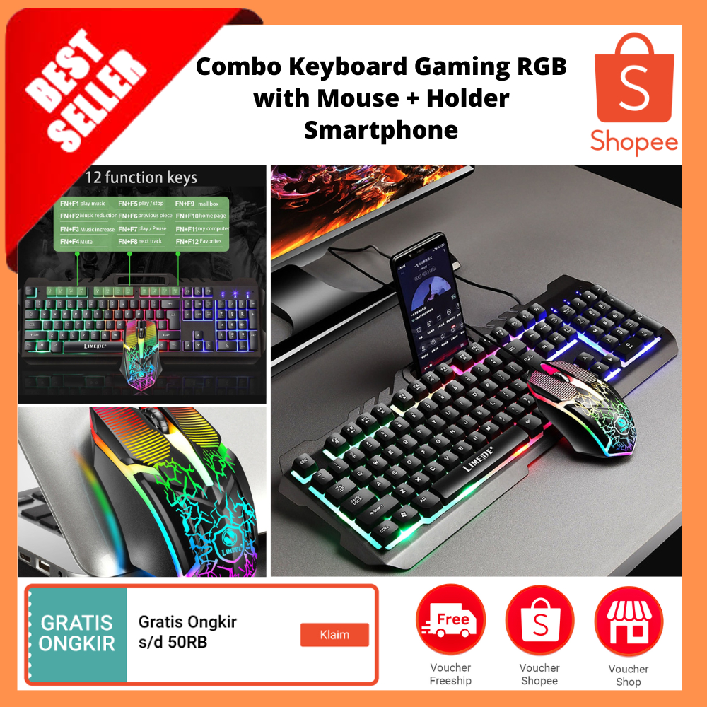 Jual Combo Keyboard Gaming RGB with Mouse + Holder Smartphone / Paket ...