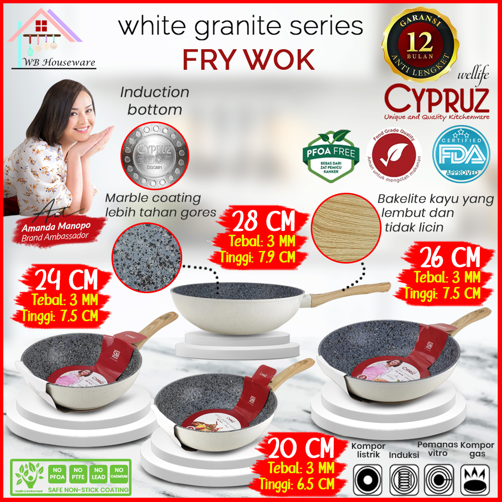 Jual CYPRUZ Panci Fry wok 20/24/26/28cm white granite anti lengket / wajan masak listrik induksi ...
