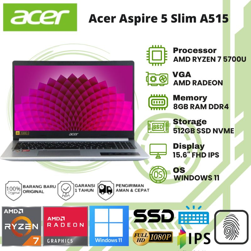 Jual ACER ASPIRE 5 A515-45-R958 15"FHD IPS RYZEN 7 5700U 8GB SSD 512GB ...