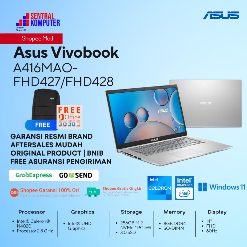 Jual LAPTOP ASUS VIVOBOOK 14 A416MAO N4020 8GB 256SSD W11+OHS 14.0FHD ...