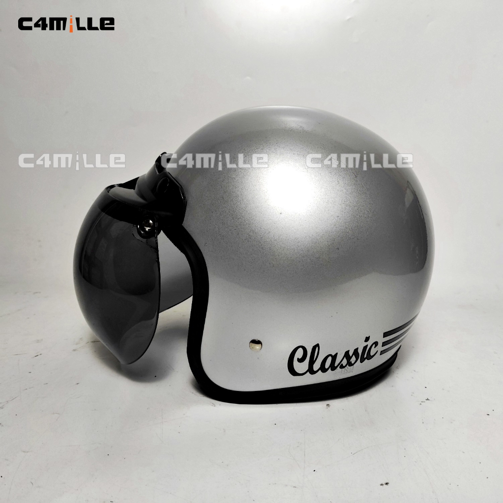 Jual HELM BOGO CLASSIC POLOS SILVER GLOSS BLACK HALF FACE RETRO SNI KBS ...