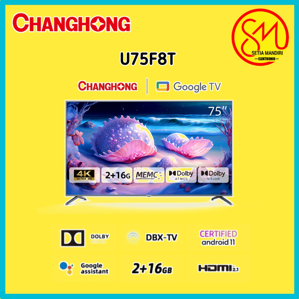 Jual Google TV Changhong 75 Inch 4K UHD Smart Digital LED TV Google Assistant Wifi U75F8T Pro ...