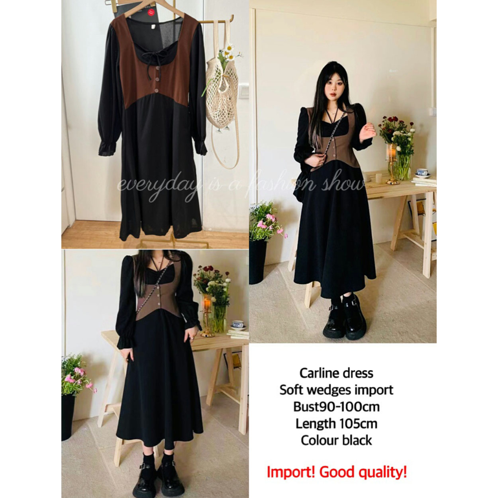 Jual CARLINE DRESS: Gaun Midi Hitam dengan Lengan Panjang - Gaya Korean ...