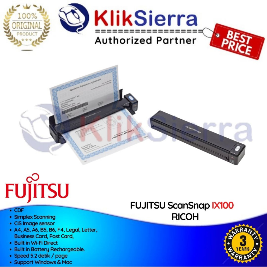 Jual FUJITSU ScanSnap IX100 Portable | IX-100 Scanner A4 Garansi Resmi ...