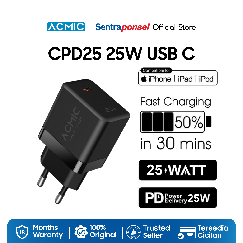 Jual ORIGINAL Adapter USB-C 25W Super Fast Charging Power ACMIC CPD25 | Shopee Indonesia