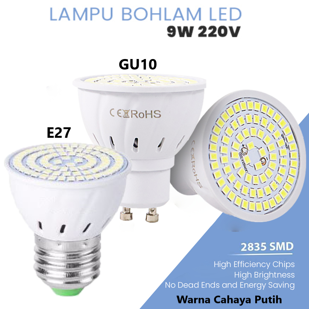 Jual Lampu Bohlam LED 2835 SMD 99 Lumens 180 Degree 9W 220V GU10 E27 ...