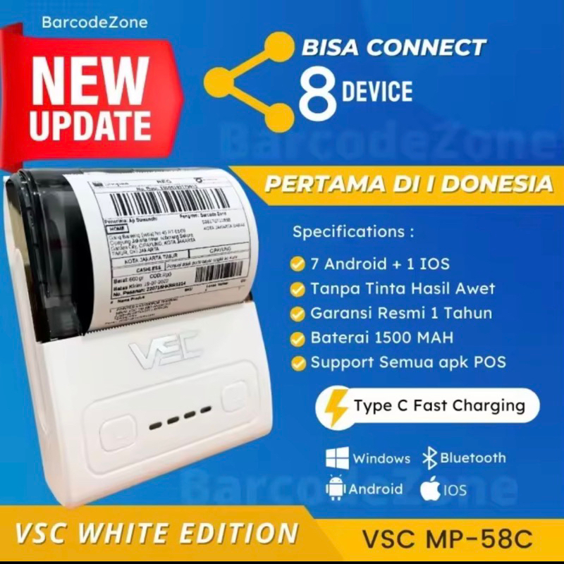 Jual PRINTER BLUETOOTH THERMAL VSC MP-58C 58mm SUPPORT FAST CHARGE ...