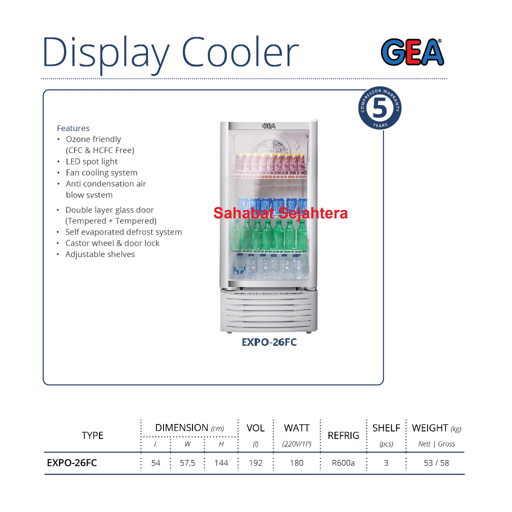 Jual GEA Showcase Display Cooler EXPO-26FR Kulkas 1 Pintu 3 Rak Kap 192 ...