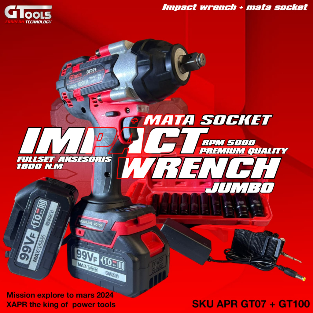 Jual Gtools GT07 impact wrench jumbo 99v 1800nm garansi resmi fullset bonus mata sock GT100 ...