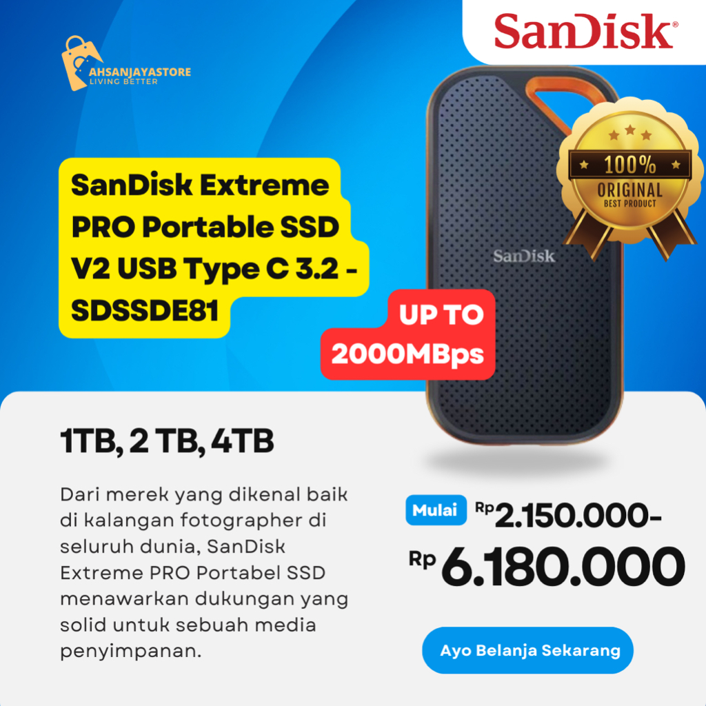 Jual AS - SanDisk Extreme PRO Portable SSD V2 USB Type C 3.2 - UP TO 2000mb/s - SDSSDE81 ...