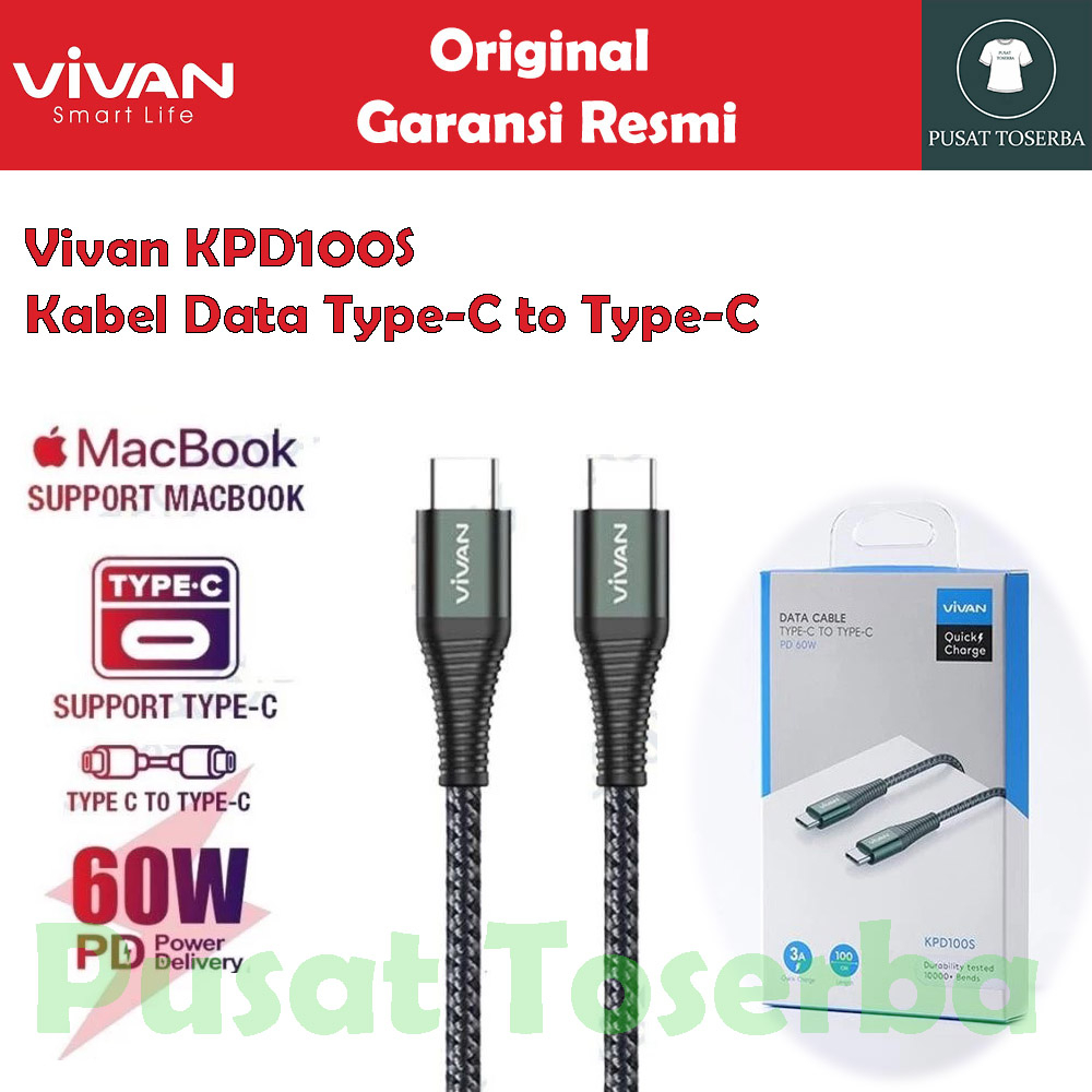 Jual Kabel Data Vivan KPD100S Type-C to Type-C 3A 60W 100CM Braided Original Garansi Resmi ...