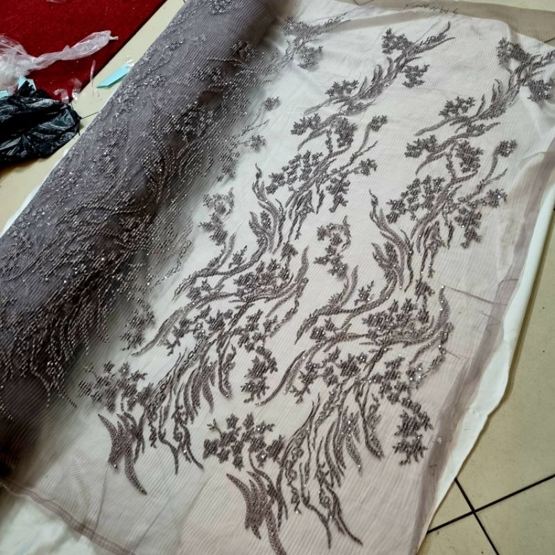 Jual Kain Organza Plisket Bordir Payet | Bahan Organza Motif Bunga ...