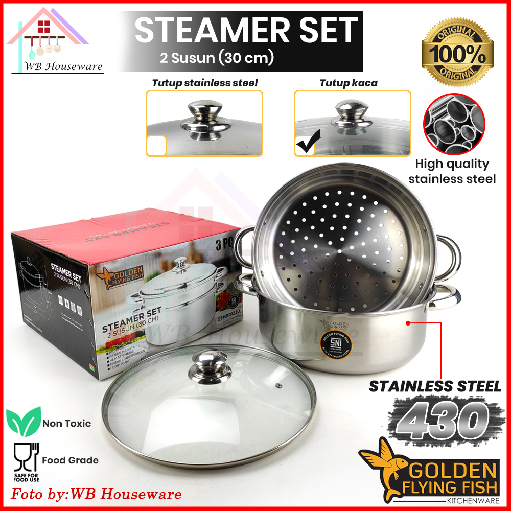 Jual GOLDEN FLYING FISH Steamer stainless 30cm susun 2 + tutup kaca ...