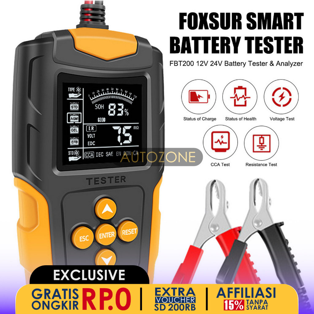 Jual FOXSUR Tester Aki Kendaraan Portable Battery Tester 200Ah with LCD ...