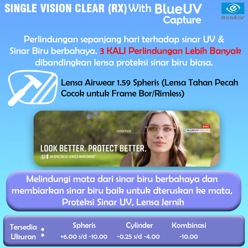 Jual Lensa Kacamata Essilor Blue UV capture Airwear 1.59 CRIZAL Rock ...