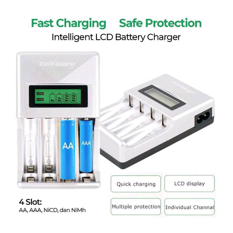 Jual Taffware Charger Baterai 4 Slot LCD Display for AA AAA NiMh NiCd ...