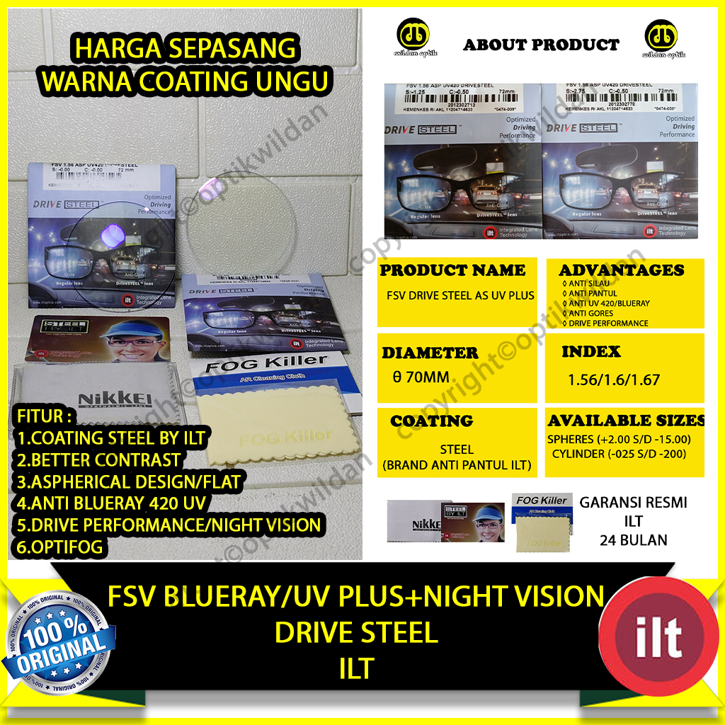Jual ILT SINGLE VISION UVPLUS DRIVE /BLUERAY NIGHT VISION FSV 1.56/1.6/1.67 UV PLUS DRIVE STEEL ...