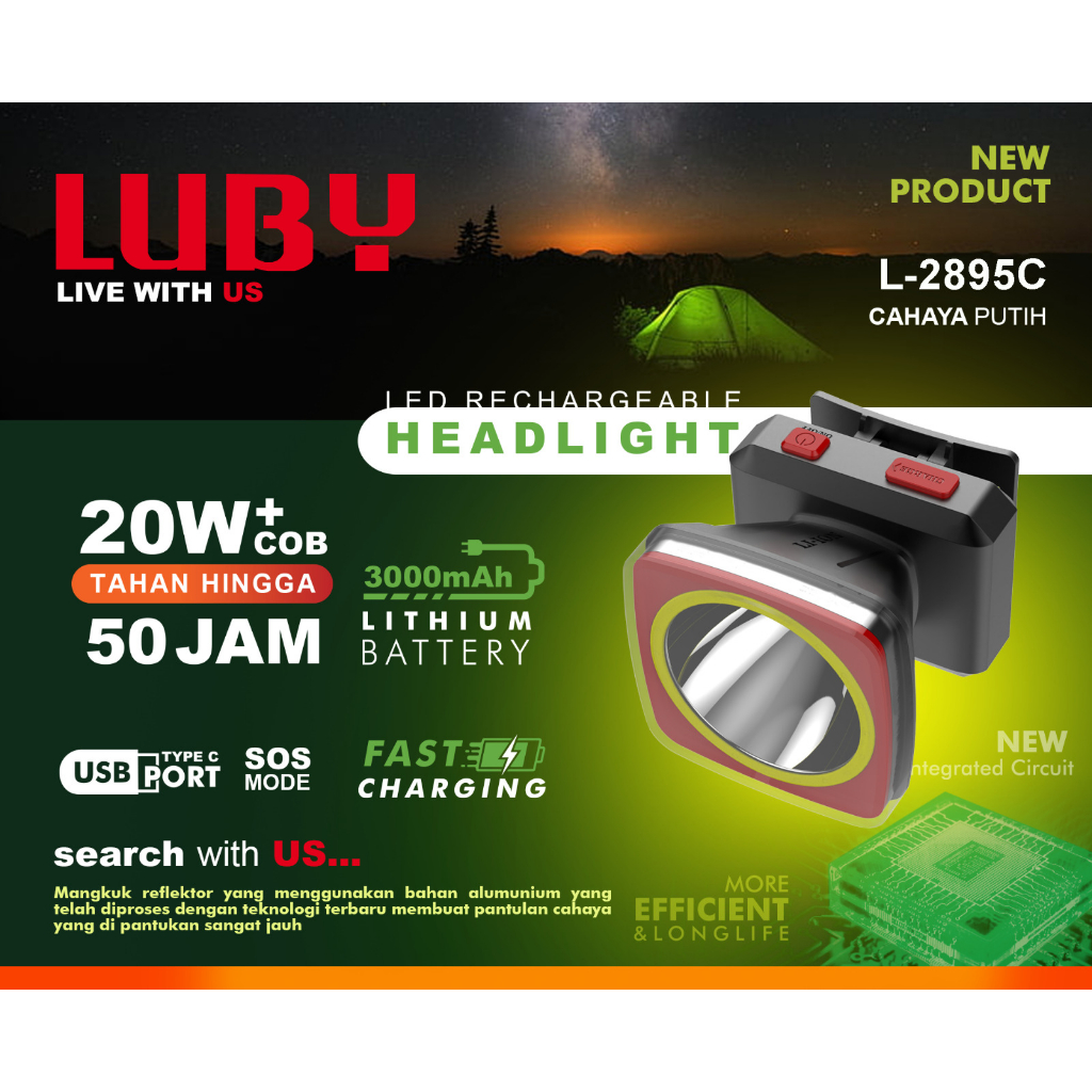Jual Luby Head Lamp 20W + COB L-2895C Putih | Shopee Indonesia