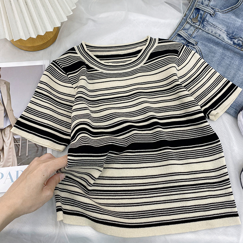 Jual The Monseur Gallery Kaos Rajut Lengan Pendek Wanita Striped T-shirt Korean Style | Shopee ...