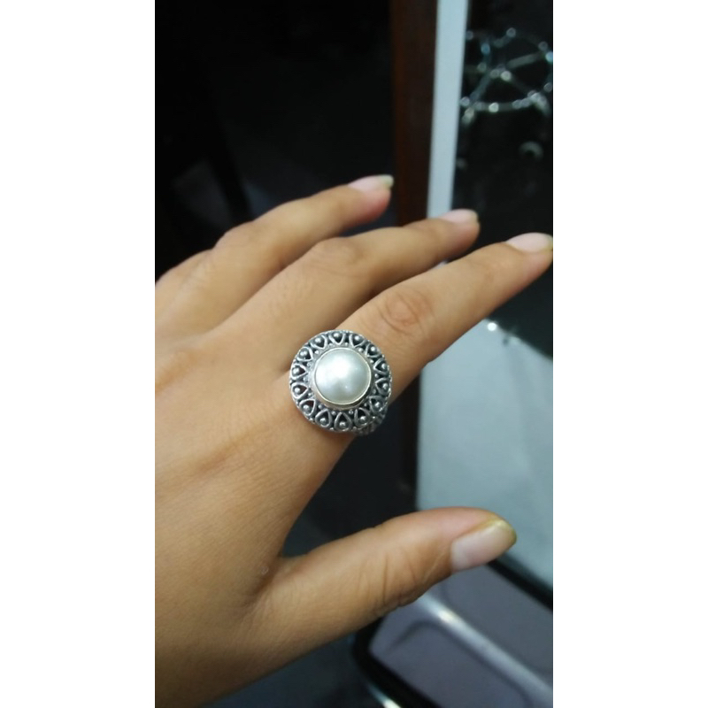 Jual Cincin ring perak silver bali 925 Mutiara Pearl tawar lebar ukir ...