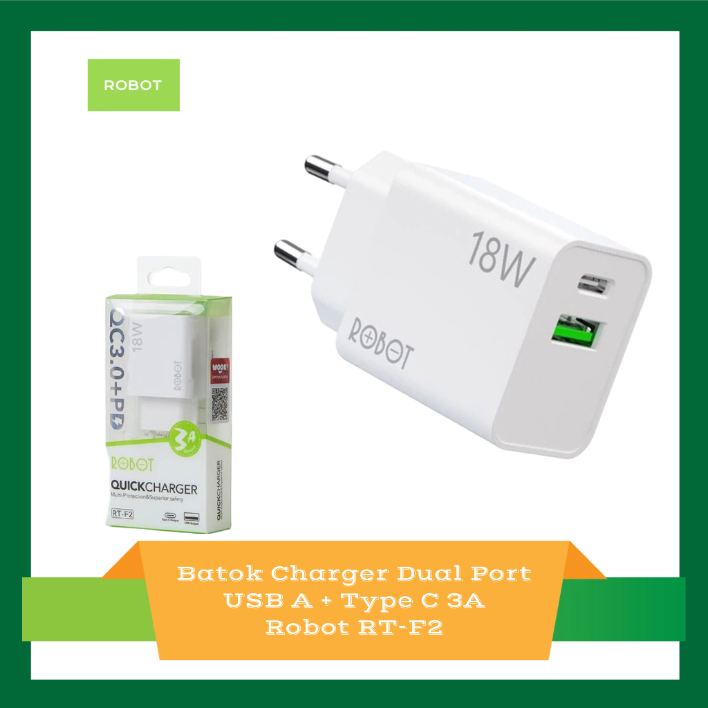Jual Batok Charger 18W QC 3A+PD Dual Output USB-A/Type C Original Robot ...