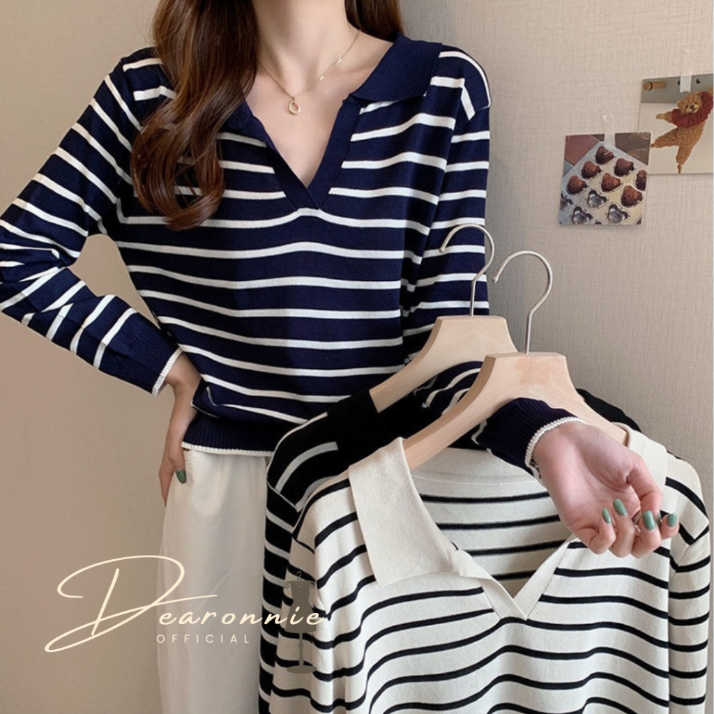Jual Top Mirae - Kaos Rajut Stripe Atasan Wanita Rajut Korean Style V ...