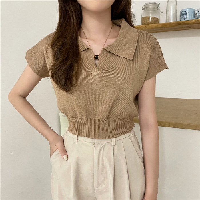 Jual Atasan Crop Top Blouse berKerah polo Rajut / T-shirt Korean Vneck Kra Wanita | Shopee Indonesia