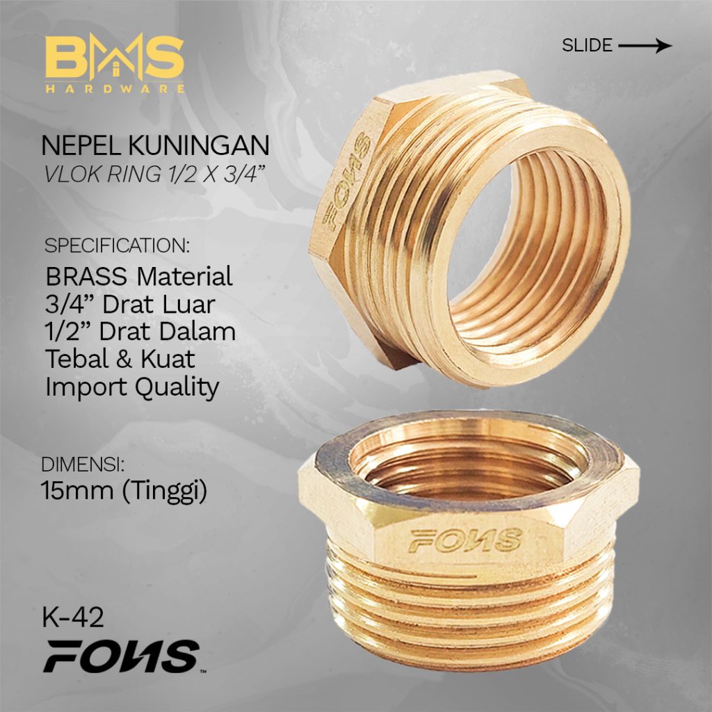 Jual (6 PCS) Vlok Ring Kuningan 3/4" x 1/2" Nepel Drat Kuningan Verlop ...