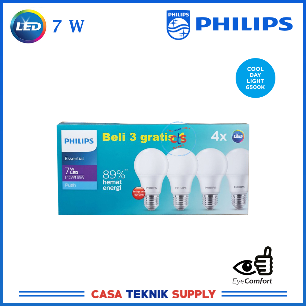 Jual Lampu Philips Essential Led 7W 6500K Putih - Paket 3 Gratis 1 ...
