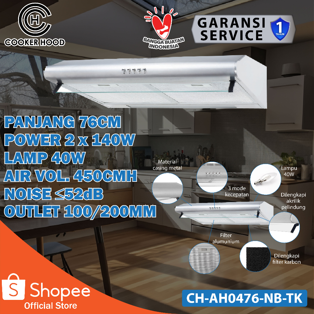 Jual CH 76 Cm Kitchen Hood Exhaust Fan Penghisap Asap Dapur Penyedot ...