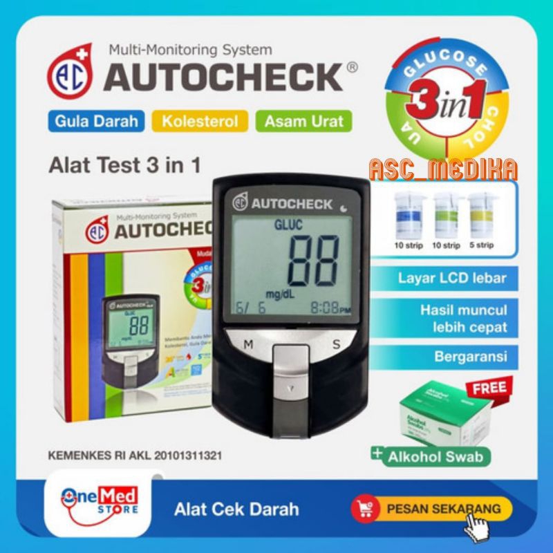 Jual Autocheck 3in1 Alat Cek Gula Darah Asam Urat Kolesterol + FREE ...