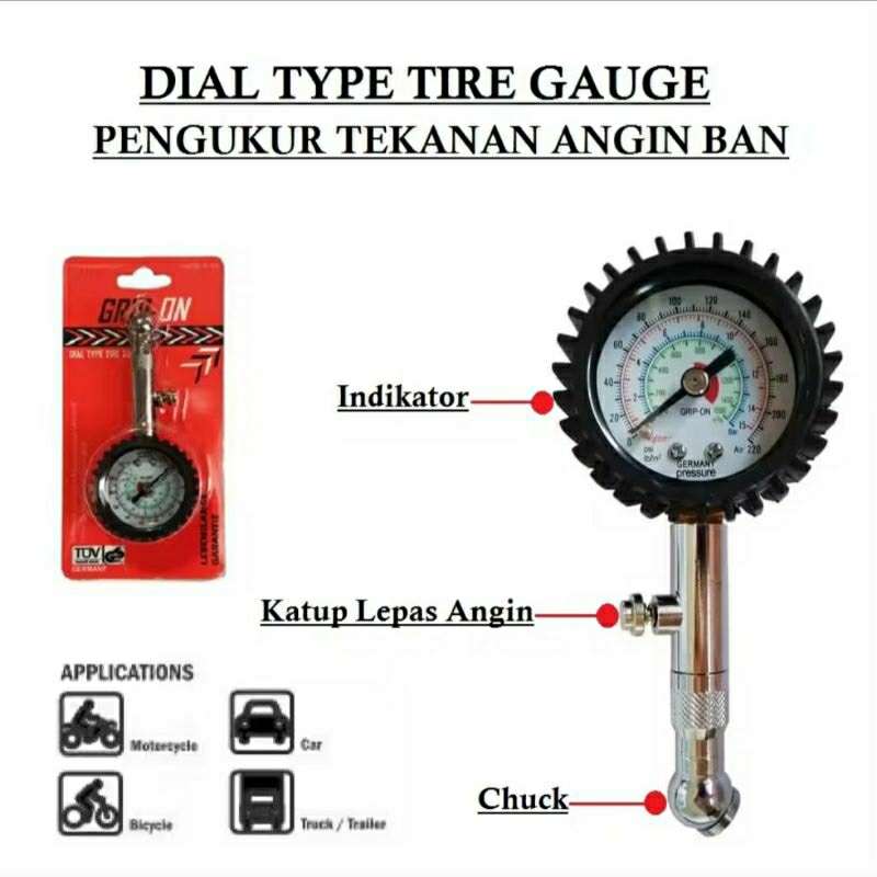Jual GRIP-ON Dial Type Tire Gauge 220psi Alat Pengukur Tekanan Angin ...