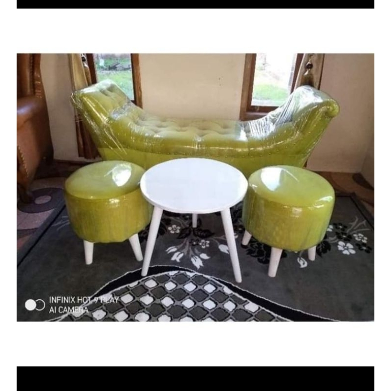 Jual Sofa Sampan + stool bulat 2+ Meja kayu bulat | Shopee Indonesia