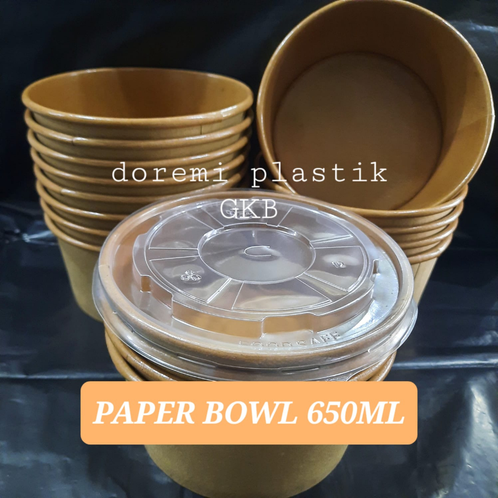Jual [25 Pcs] 650ml Paper bowl Kraft Coklat laminasi / Mangkok kertas + tutup / Paper Rice bowl ...