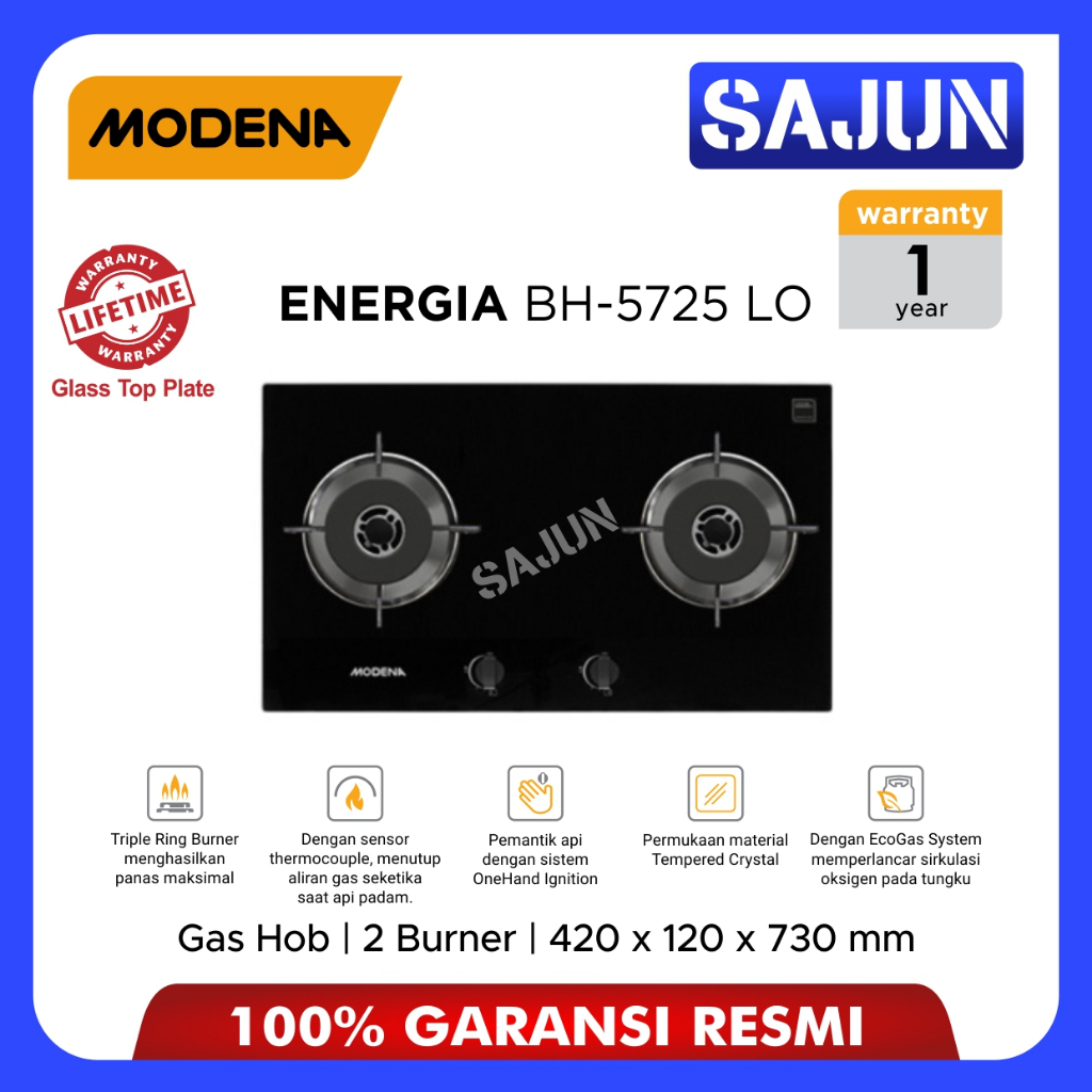 Jual Modena Kompor Gas Tanam 70cm 2 Tungku BH5725LO Built-In Gas Hob BH ...
